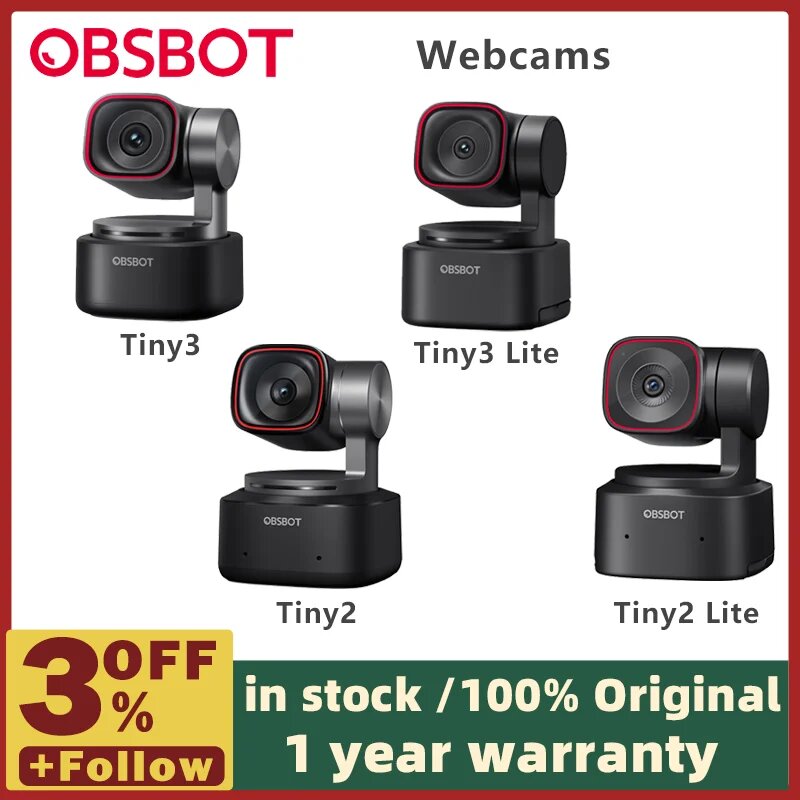 Веб-камера OBSBOT Tiny3, Tiny3 Lite, Tiny2, Tiny2 Lite с ИИ-управлением и функцией PTZ, 4K, совместима с OBSBOT Center и программным обеспечением Live Software — фото 1
