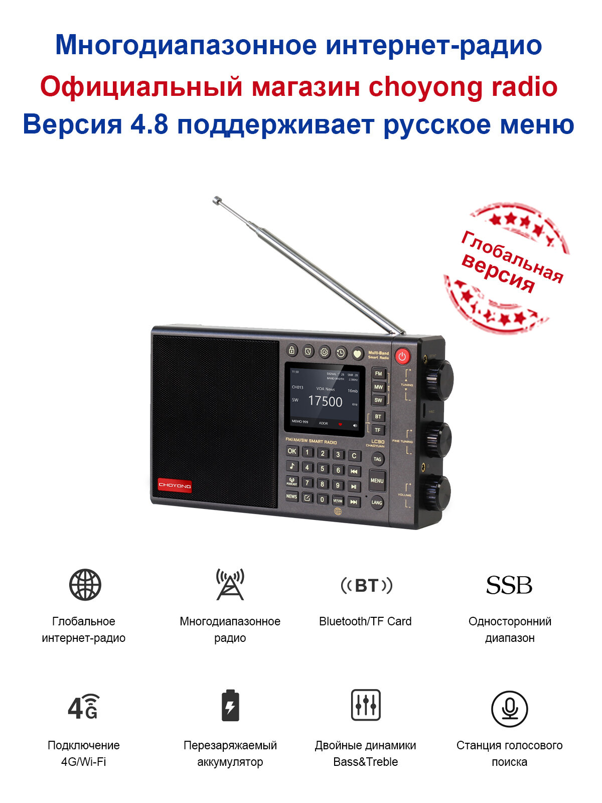 Радио Choyong LC90, многодиапазонное, портативное, AM/FM/LW/SW, с WiFi, 4G, BT, TF-картой