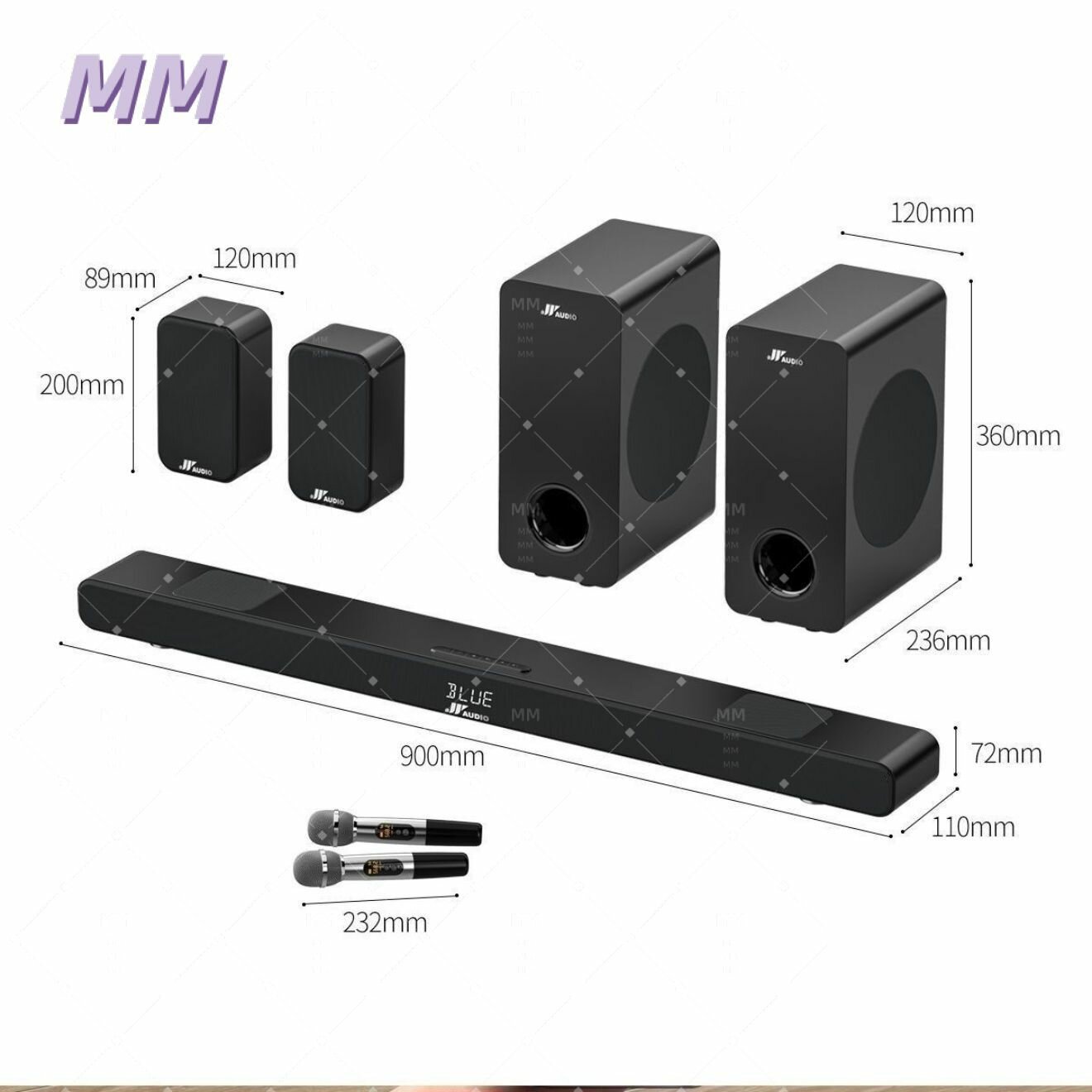 Долби Сурраунд 5.2 Саундбар,620 Вт/черный TV Audio Bar, домашний караоке-театр,2 беспроводных микрофона 2 сабвуфера 2 у