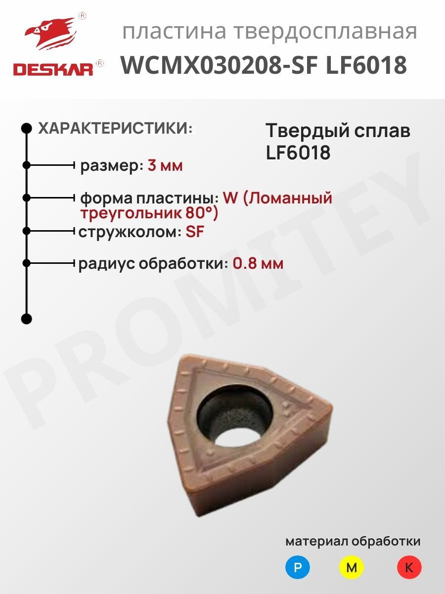 Пластина сверлильная WCMX 030208-SF LF6018 для токарных инструментов по металлу, от бренда DESKAR, сплав LF6018, сделано по стандартам ISO