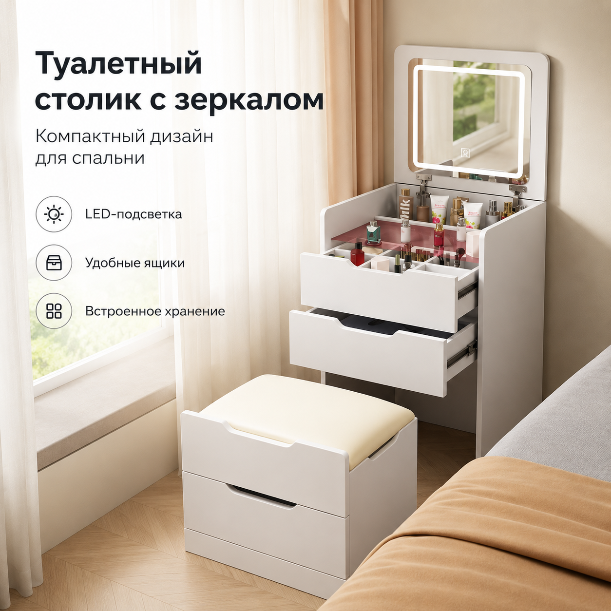 Туалетный столик "Трансформер", белый, с LED-освещением, 48x40x80 см