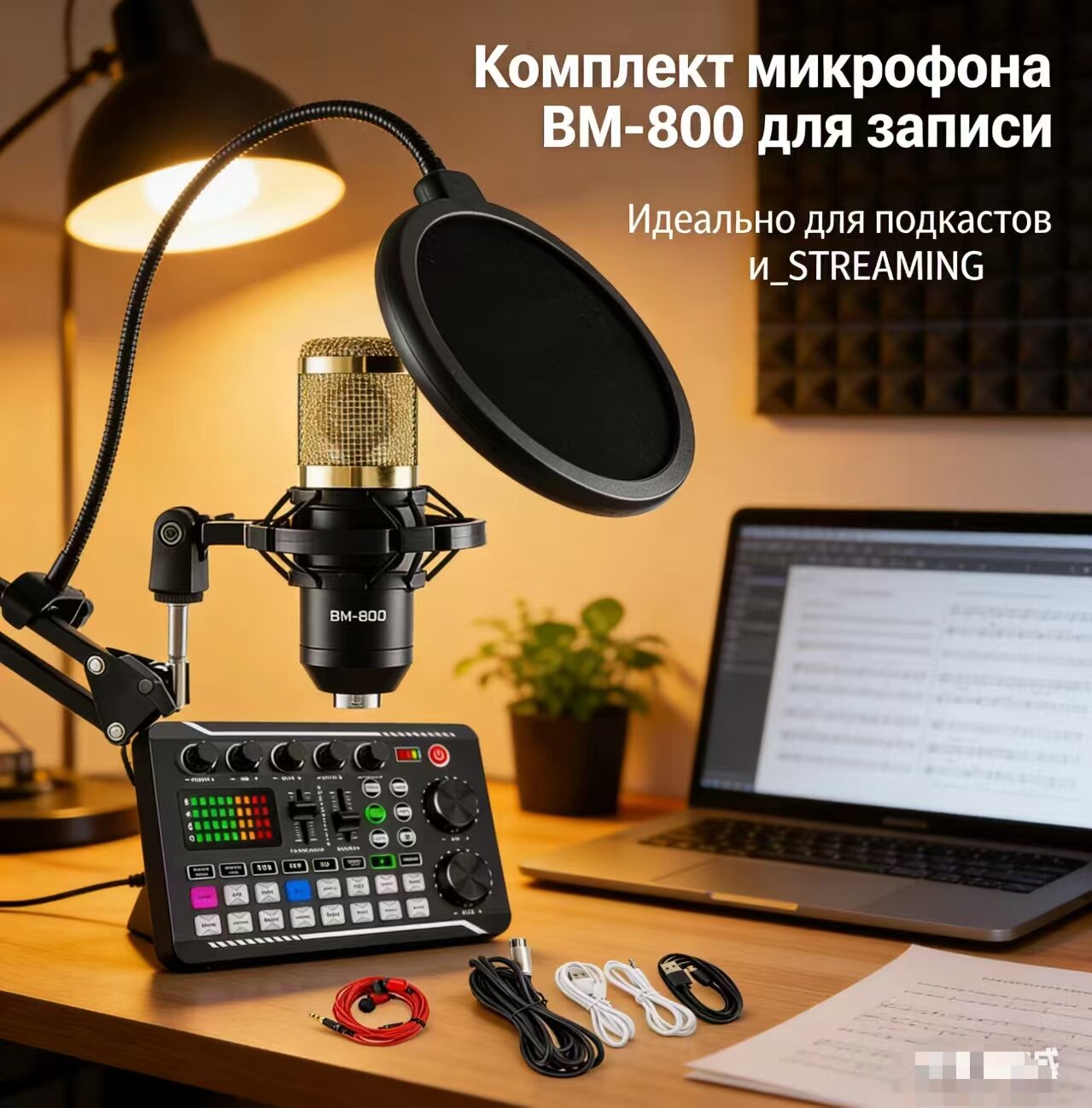 Студийный комплект конденсаторный микрофон звуковая карта поп-фильтр кронштейн для стримов подкастов записи