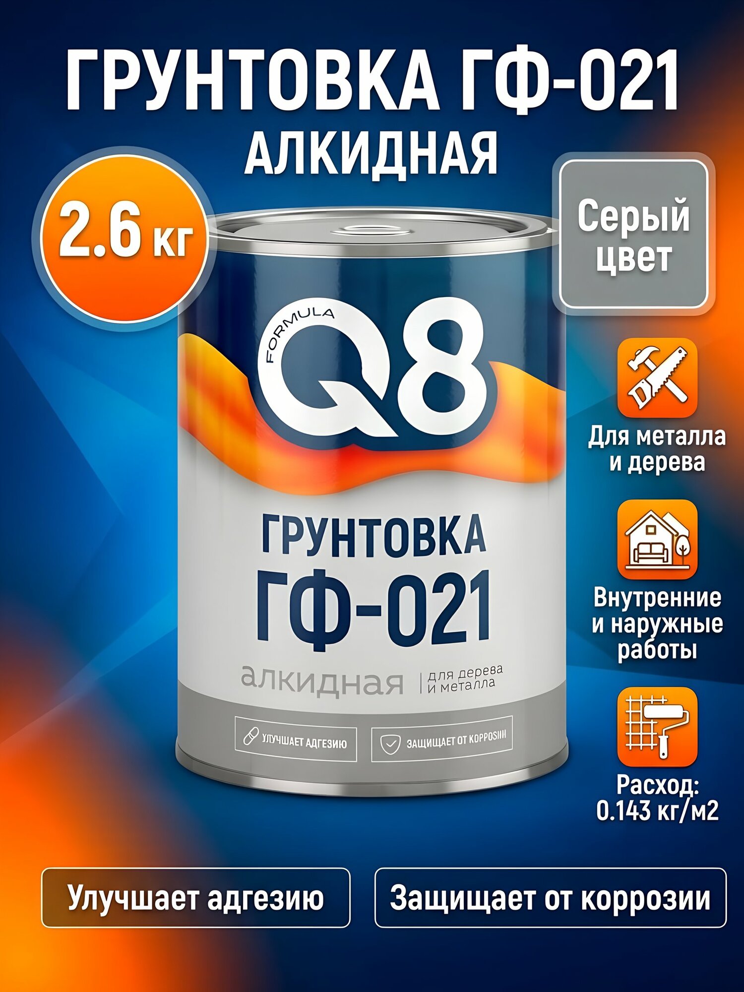 Грунтовка алкидная Formula Q8 ГФ-021 серая 2.6 кг для внутренних и наружных работ по металлу и дереву
