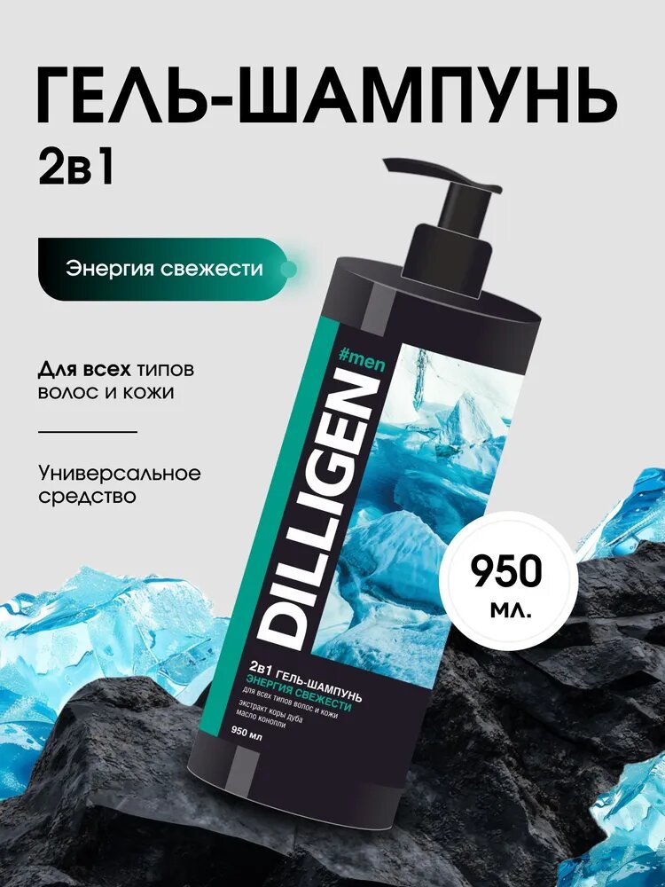 Гель-шампунь мужской Dilligen Энергия свежести, 2в1, 950мл