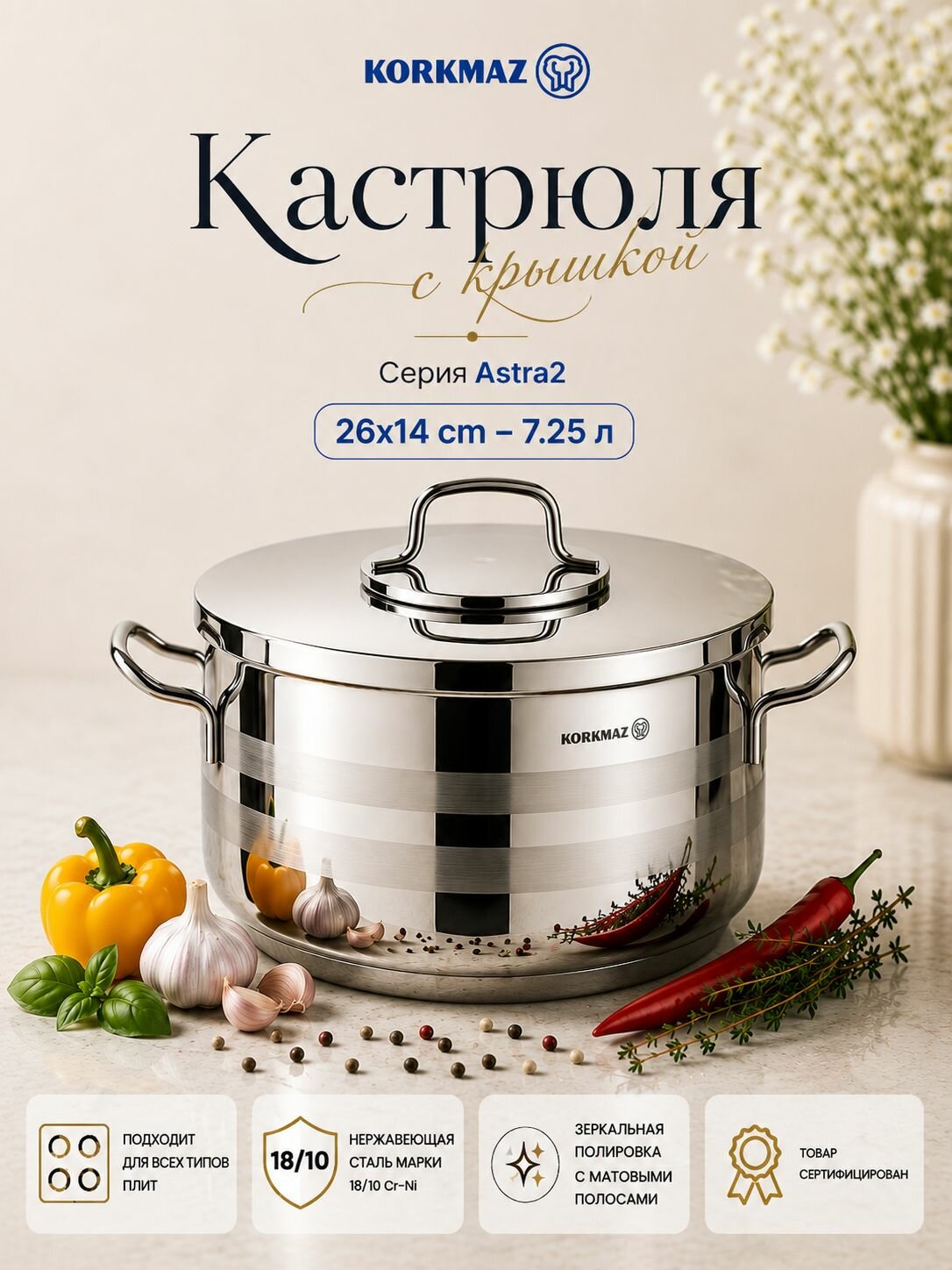 Кастрюля из нержавеющей стали Astra 7.25 л