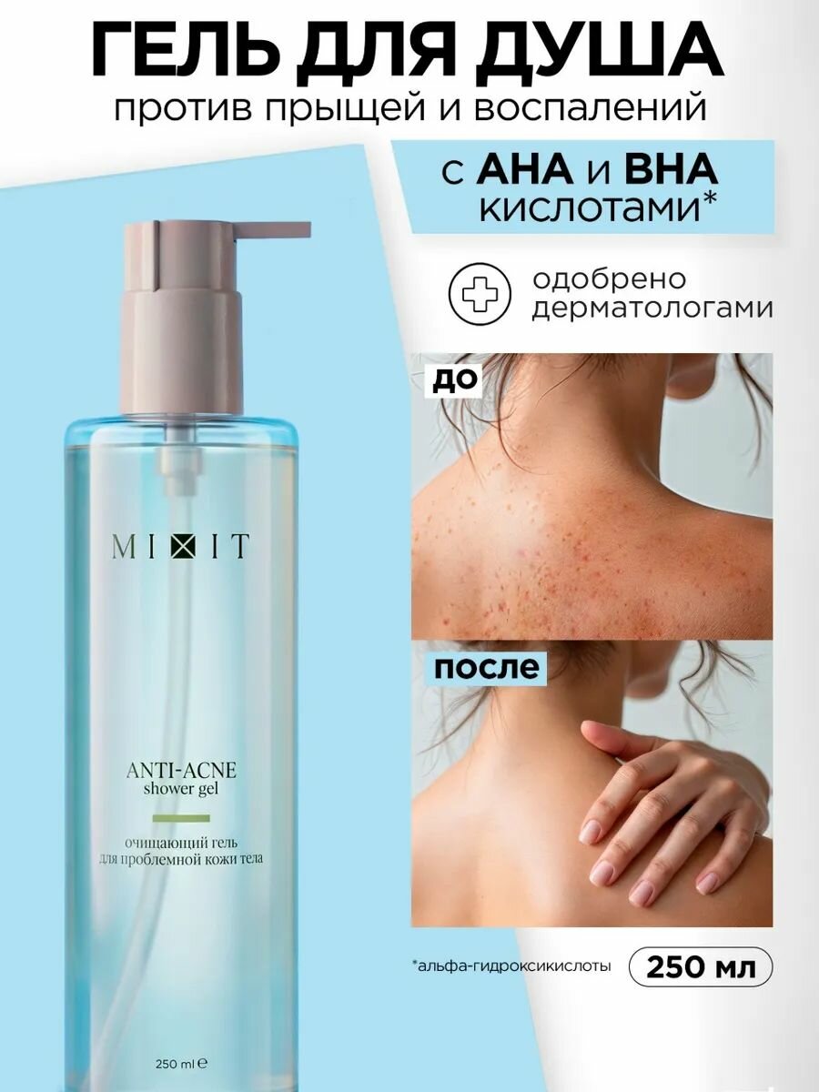 MIXIT Гель для душа против акне и прыщей профессиональный с гликолевой и салициловой кислотами AHA! Revolution, 250 мл 250 мл гликолевая кислота салициловая кислота против акне