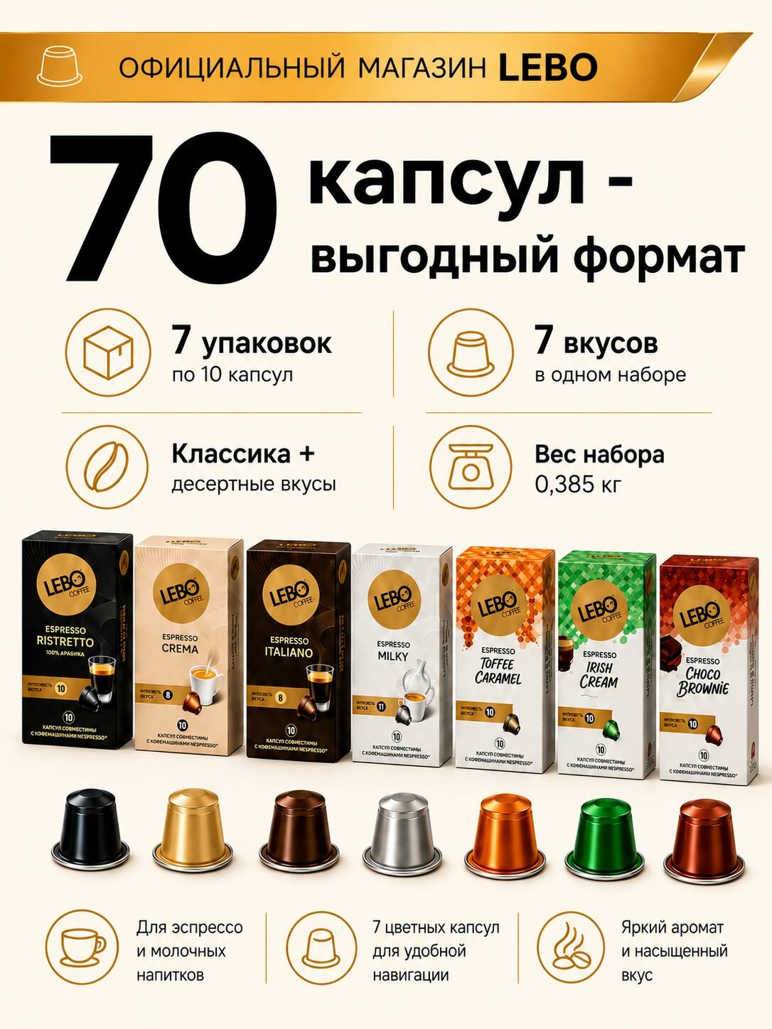 Набор капсул LEBO MIX 7 шт*10 (385 г) коллекция из 7 премиальных вкусов: Ristretto, Crema, Italiano, Milky, Toffee Caramel, Irish Cream, Choco Brownie. Для кофемашин Nespresso.
