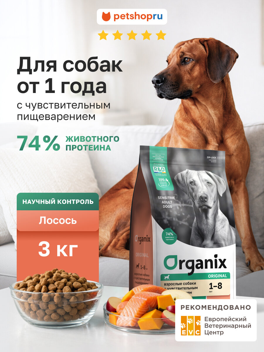 Organix сухой корм для взрослых собак с лососем, фруктами и овощами для чувствительного пищеварения, sensitive digestion, salmon, 3 кг