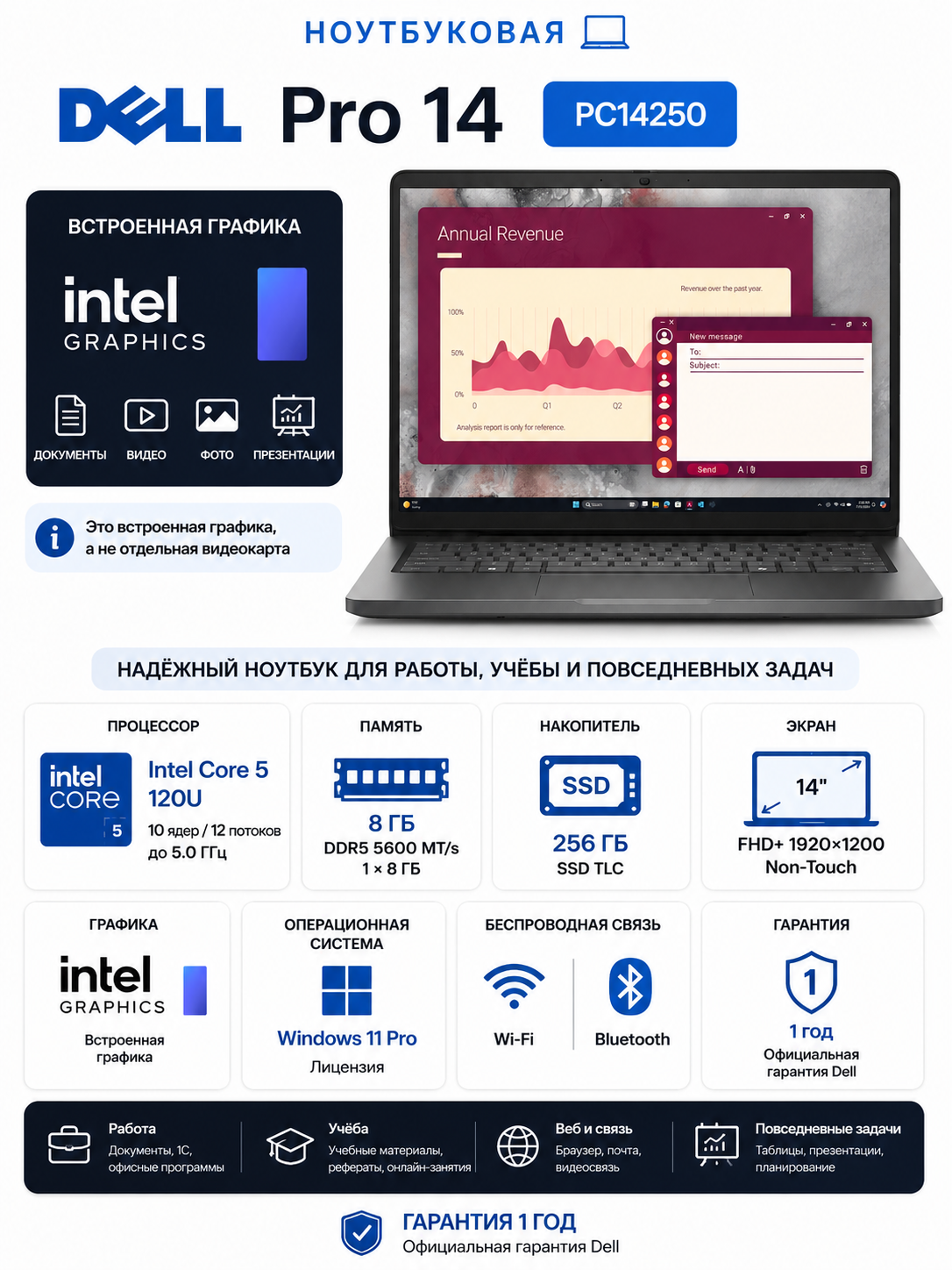 Ноутбук Dell Pro 14 (Core 5, 8 ГБ, 256 ГБ, FHD+, Win 11 Pro) Серый