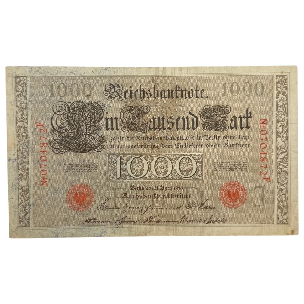 Германская империя 1000 марок 1910 г. (Красные печати) (Литера J) (Серия F) (7-значный номер)