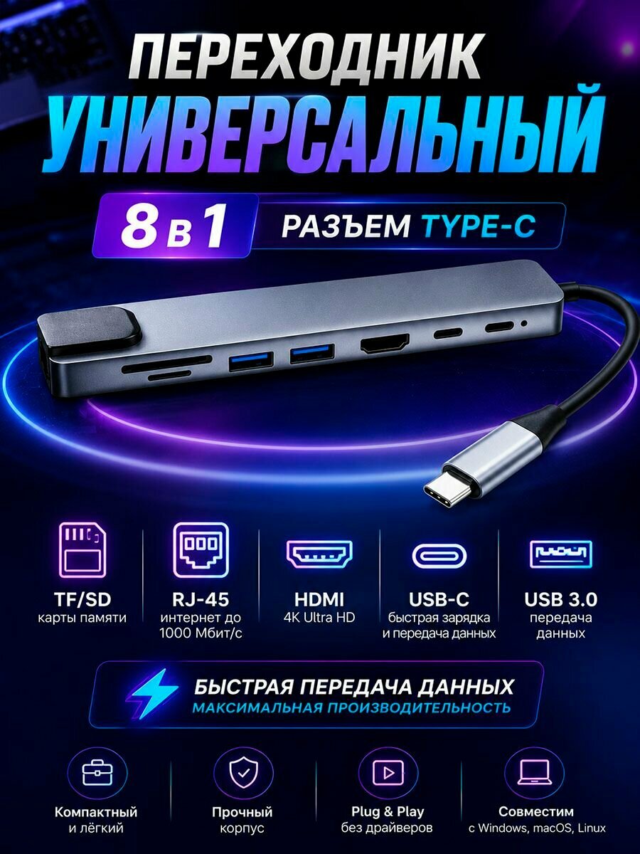 USB Type-C хаб 8 в 1 с HDMI 4K, RJ45 Gigabit, USB 3.0, USB-C PD, SD/TF универсальный переходник для MacBook, ноутбука, ПК, планшета