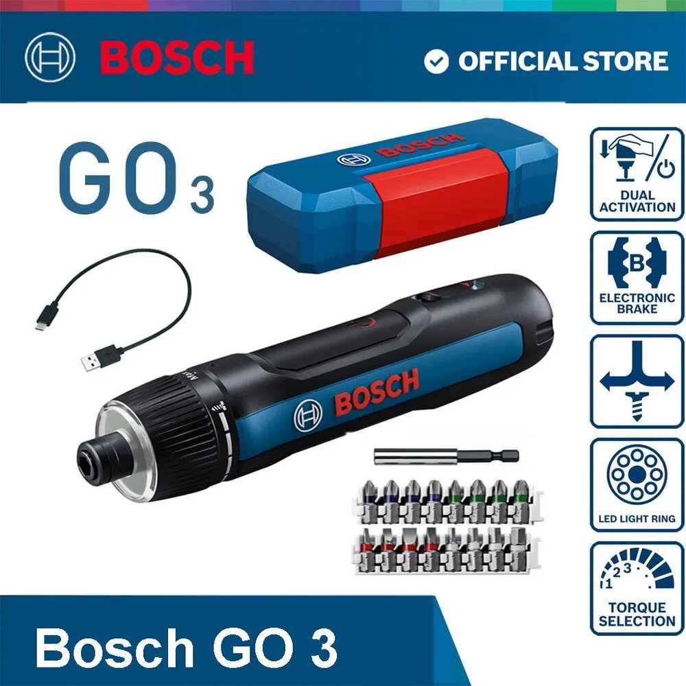 Электрическая отвертка Bosch Go 3, LiIon 3.6В, 2.02 Ач, 8 скоростей, с кейсом