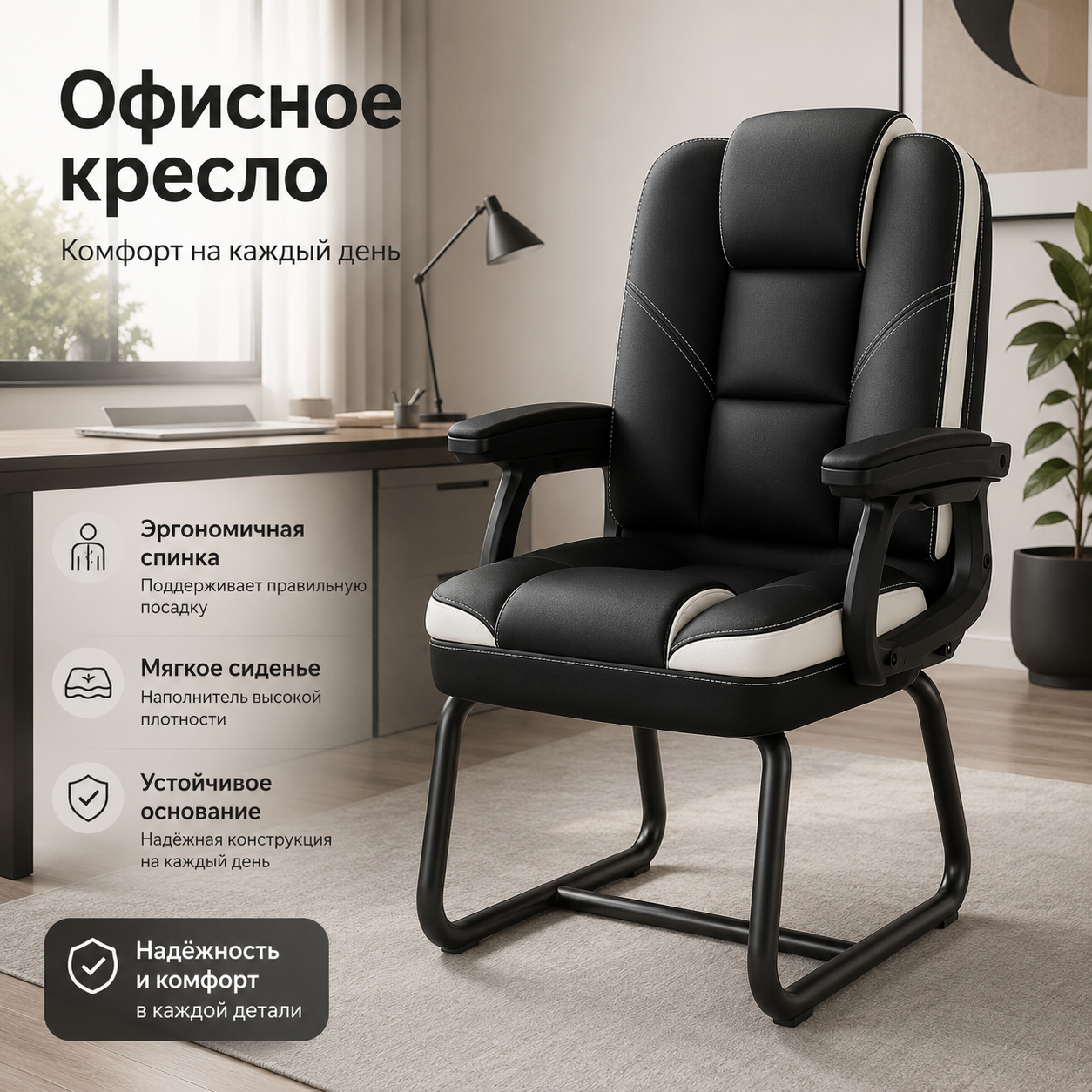 Офисное кресло черно-белое PU-кожа, с регулировкой наклона спинки, металлический каркас