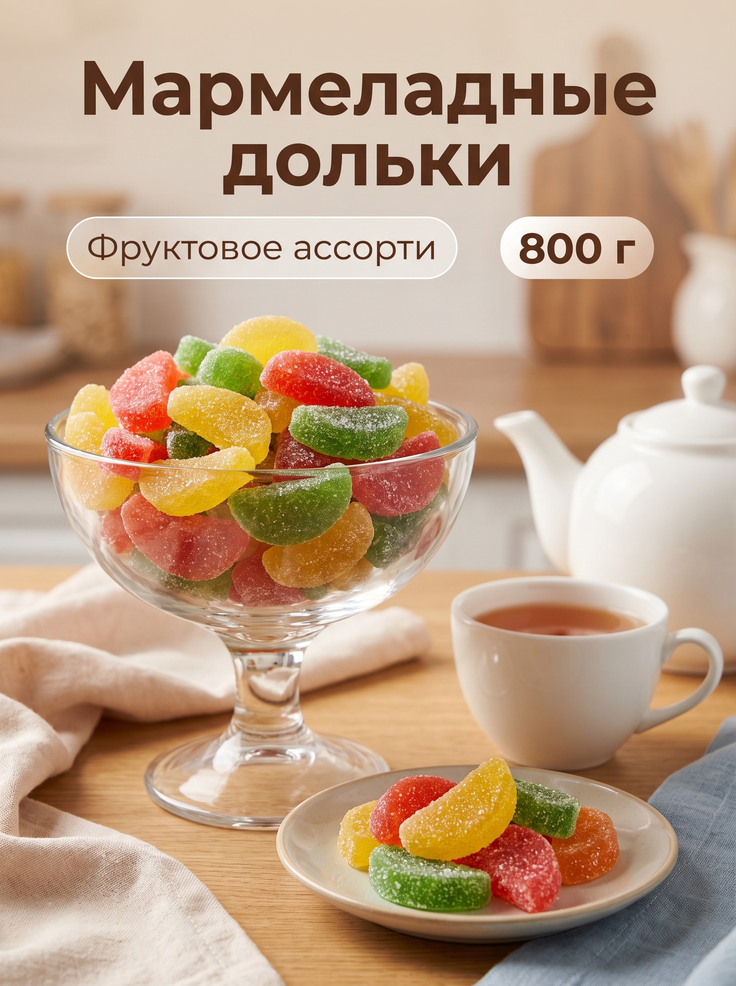 Мармелад Фруктовые дольки Элза 800 г, желейный мармелад ассорти в сахаре к чаю, сладости для семьи и гостей