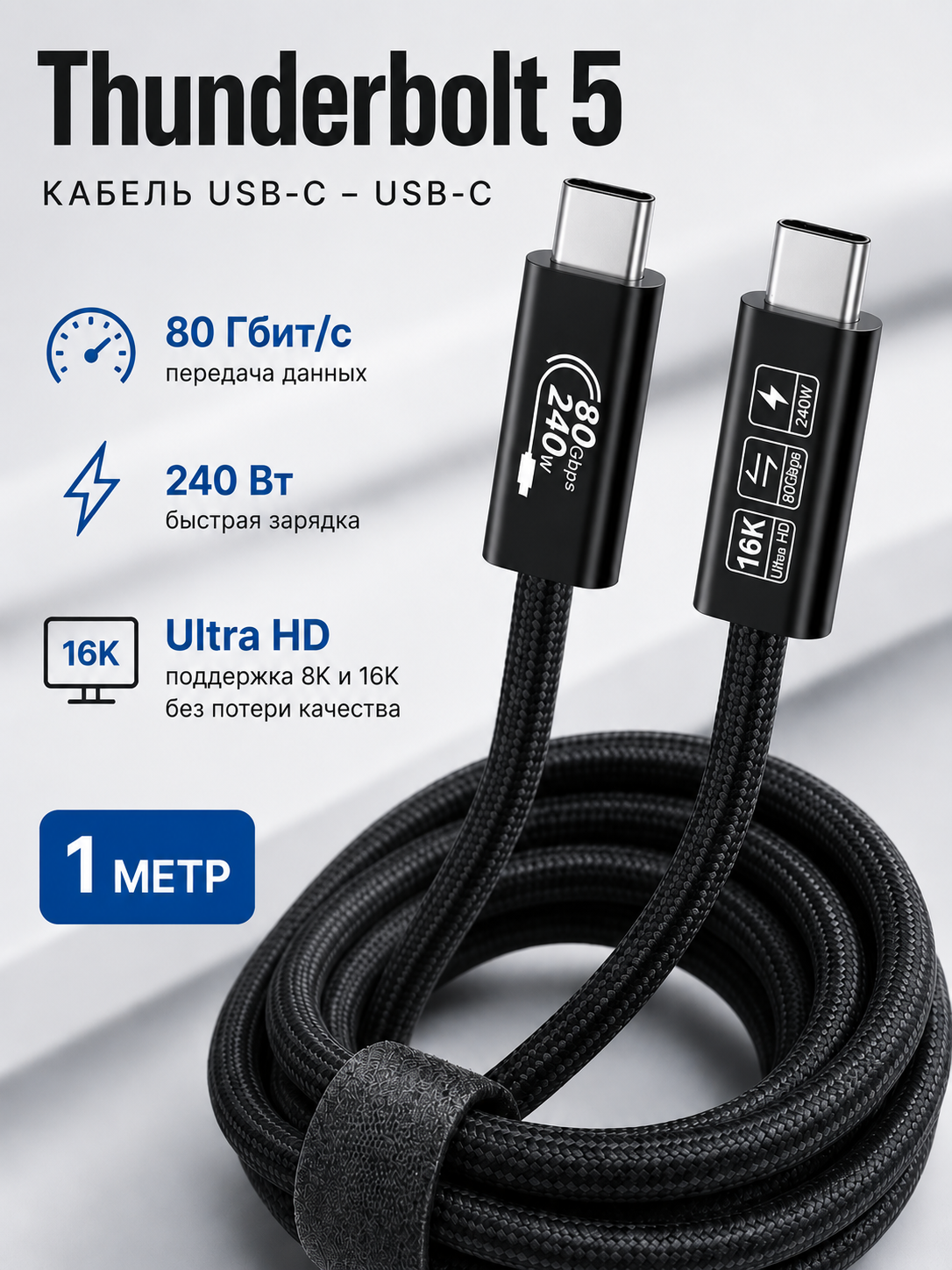 Кабель Thunderbolt 5, 240Вт, 16К 60Гц, 80 Гбит/с, USB C, 1м, быстрая зарядка и передача данных