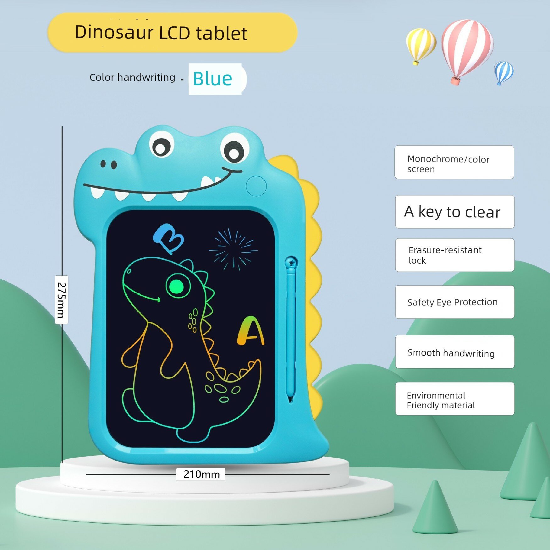 LCD-доска для рисования с темой динозавра и голубым экраном, в комплекте ручки и батарея