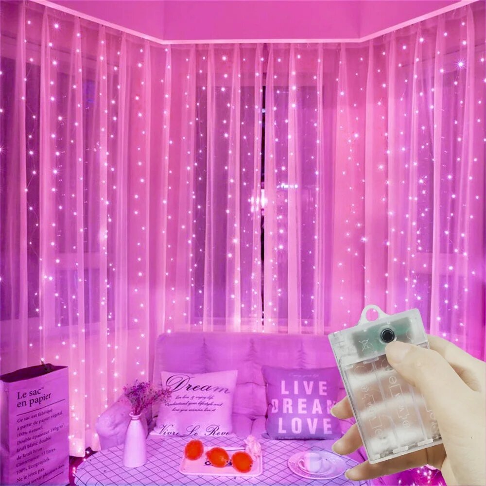 Розовый светодиодная гирлянда-штора 200 LED, 3x2м, на батарейках