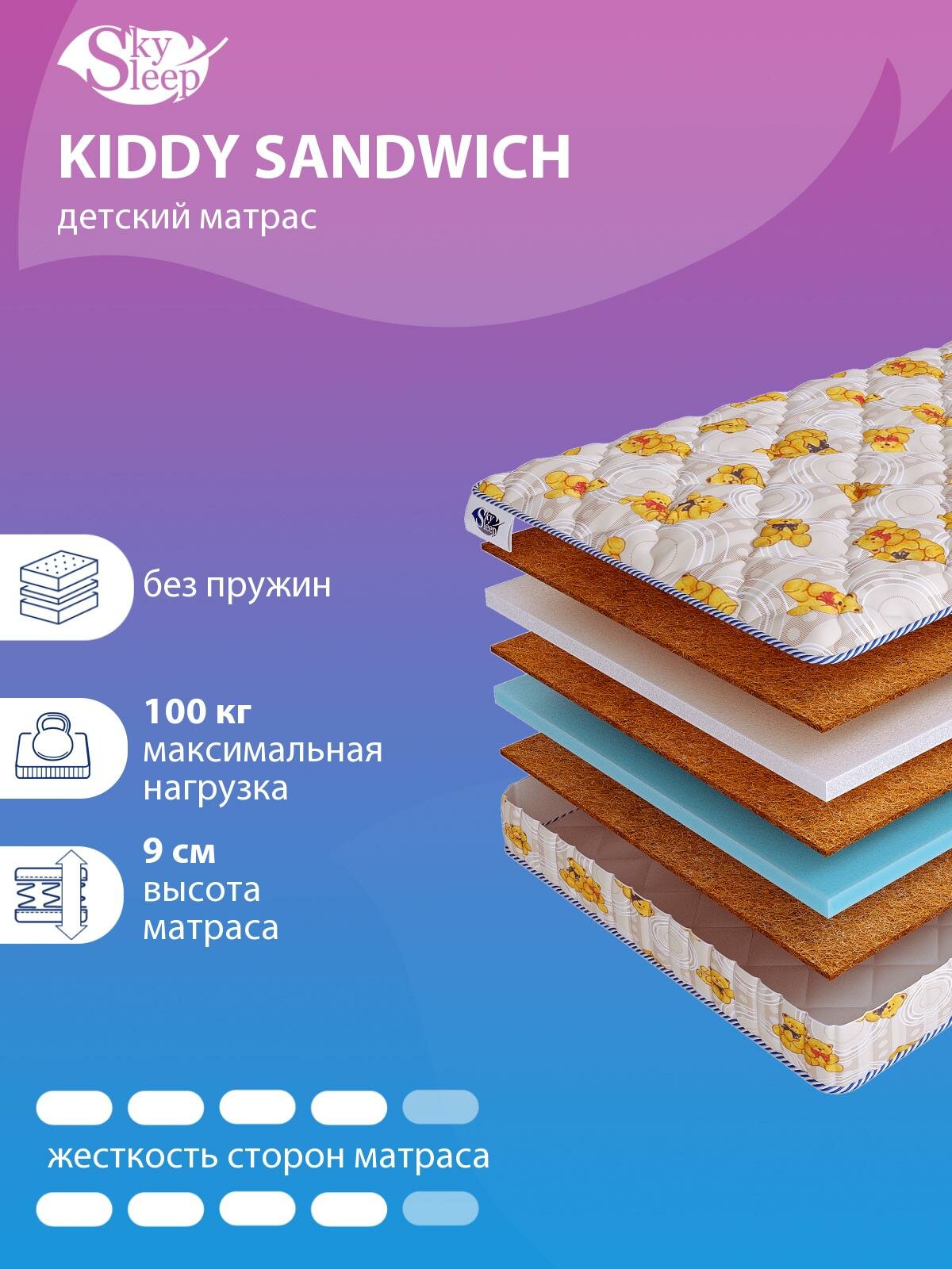 Детский беспружинный ортопедический матрас SkySleep KIDDY Sandwich на кровать 90x180