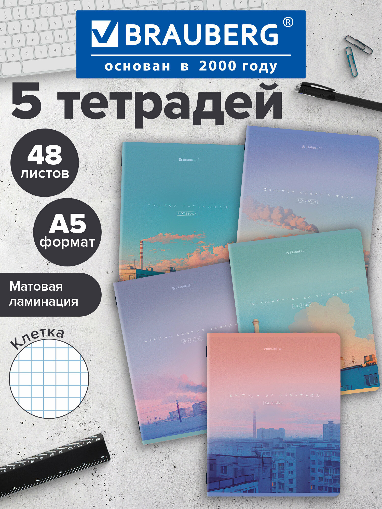 Тетрадь А5 в клетку 48 листов для записей в школу и офис, набор 5 штук, матовая обложка, Brauberg Многоэтажки, 404938