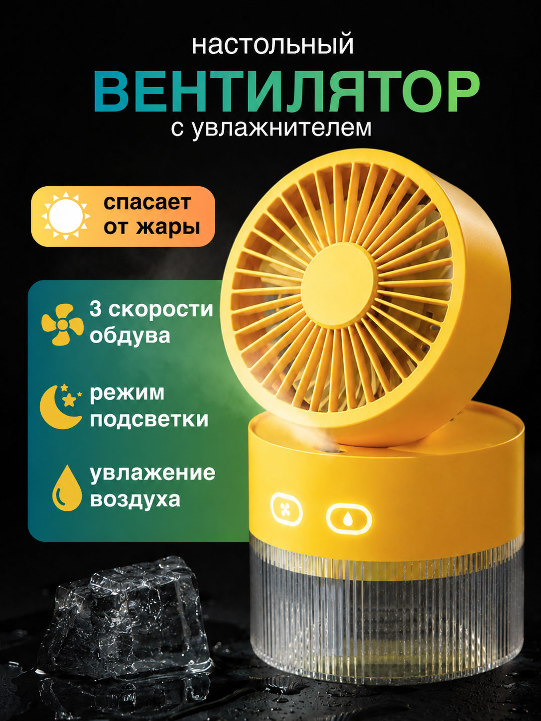 Вентилятор настольный с увлажнителем воздуха USB Type-C, мини беспроводной вентилятор, 3 скорости, подсветка, 350 мл