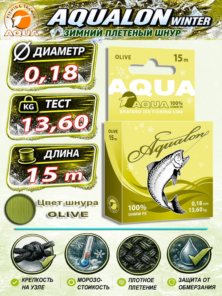 Плетеный шнур для рыбалки зимний AQUA Aqualon Olive 15m 0.18mm 13.60kg