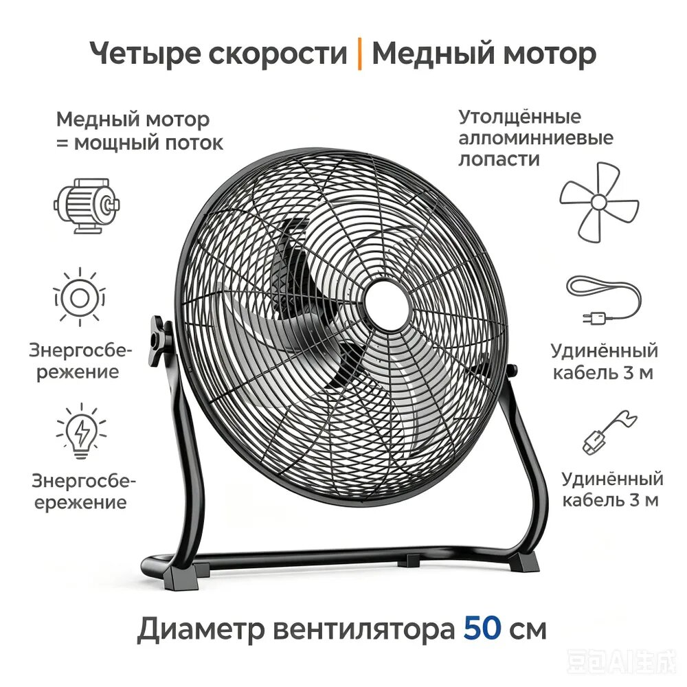 Напольный вентилятор Вентилятор напольный диаметр 50см, мощность 160Вт, Низкий уровень шума INVIN K20, черно-серый
