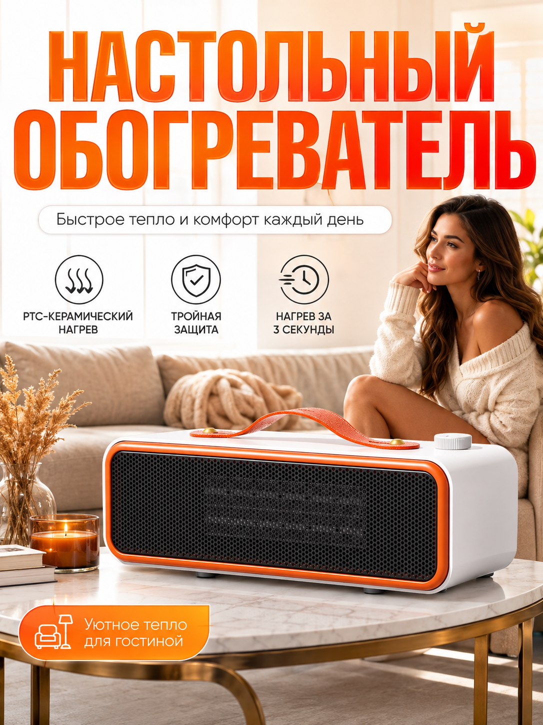 Обогреватель электрический настольный 650 Вт, удобная переноска, мягкий тепловой поток для быстрого обогрева небольших помещений