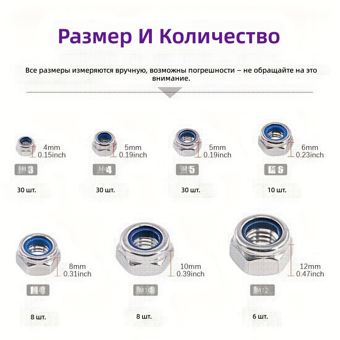 Набор шестигранных контргаек с нейлоновой вставкой, 122 шт, размеры M3–M12, полированное антикоррозийное покрытие, защита от раскручивания при вибрации и ударах