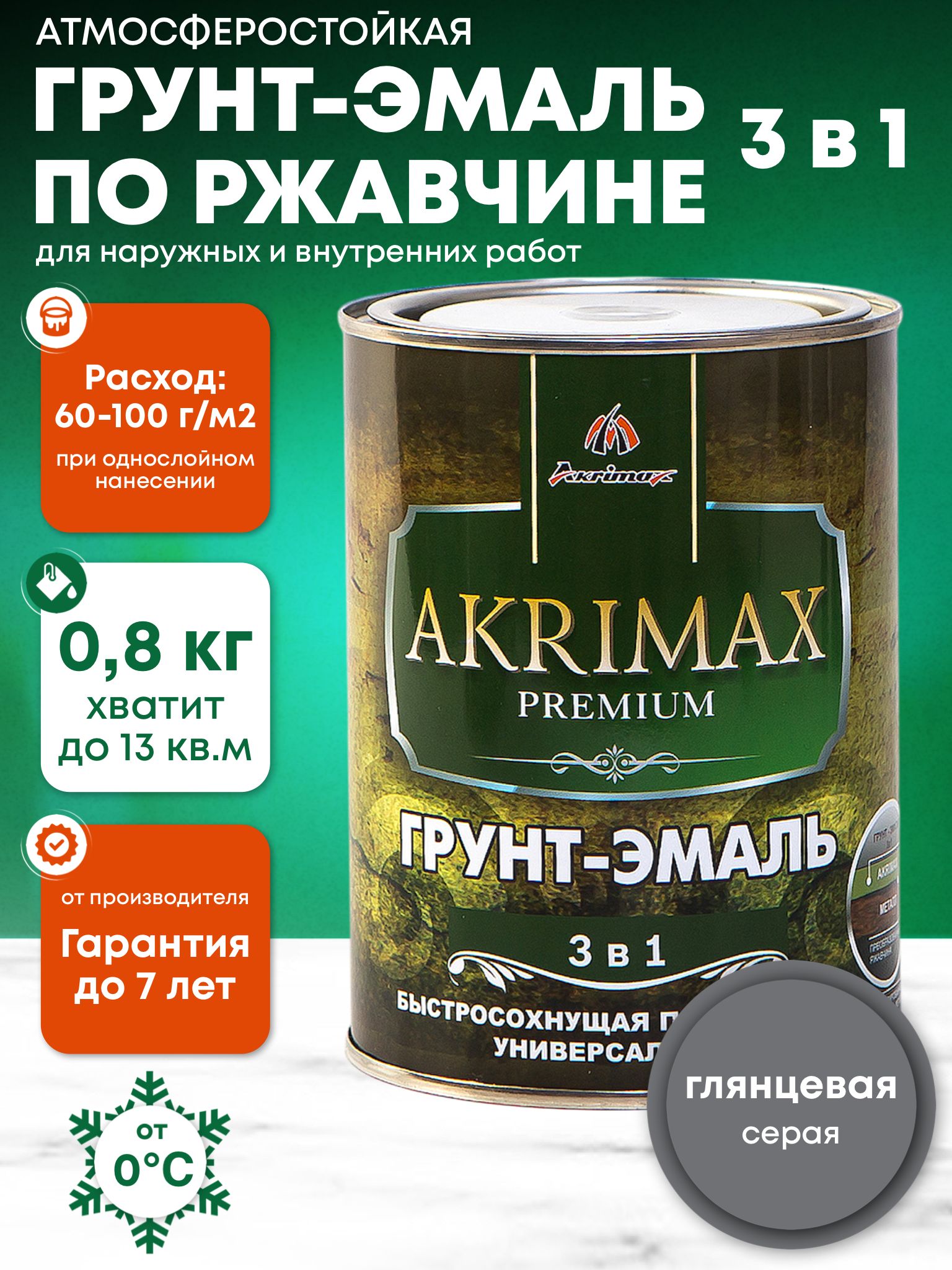 Грунт-эмаль по ржавчине 3 в 1, Краска по металлу, быстросохнущая 0,8 кг AKRIMAX-PREMIUM, глянцевое покрытие, серая