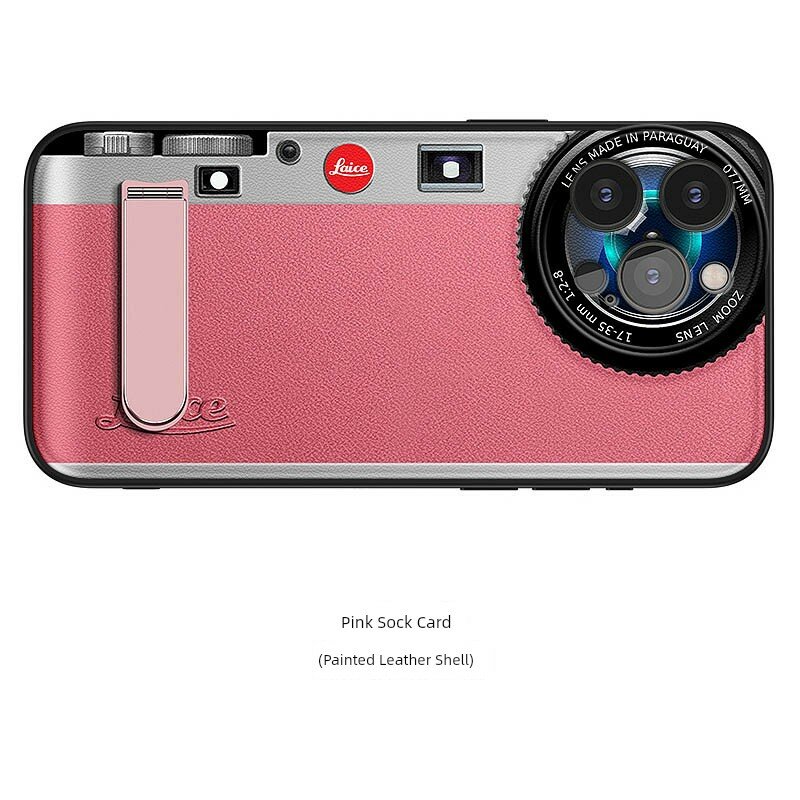 Розовый кожаный чехол для iPhone 15 Pro с имитацией Лейки, в комплекте с алюминиевой подставкой, текстура морского круга