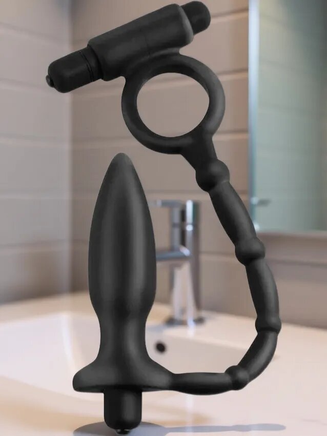 SexExpert Эрекционное виброкольцо с анальным стимулятором Cockring and Anal Pleasure, черный
