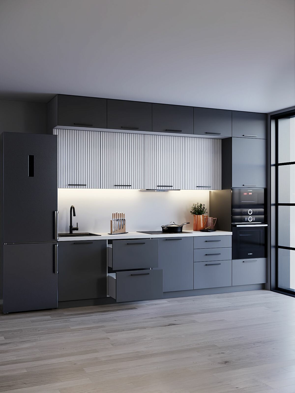 Кухонный гарнитур Кристен №4 МДФ, Белый софт/ Графит софт 3.0м