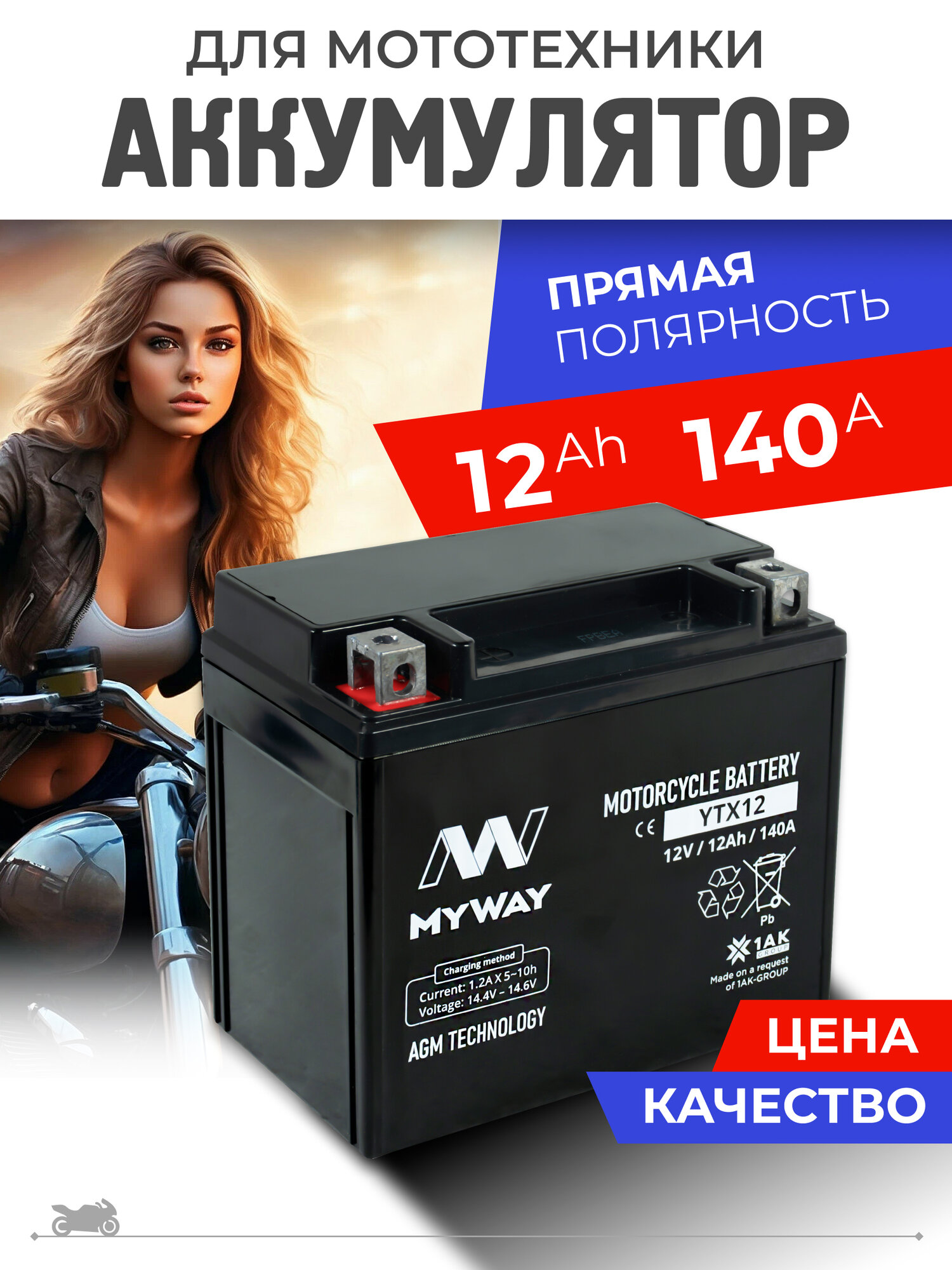 Акб на мотоцикл 12в 12ач, мопед, скутер, квадроцикл, питбайк