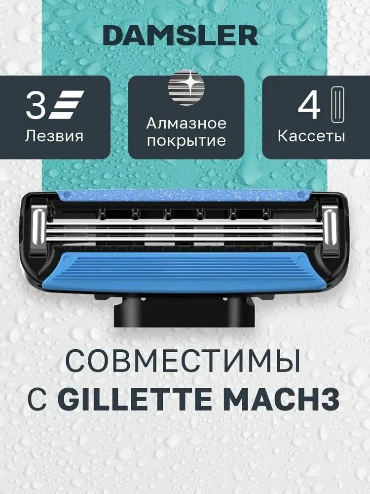 4 сменные кассеты DAMSLER FLIP3, 3 лезвия. Лезвия для бритвы совместимы с известными станками