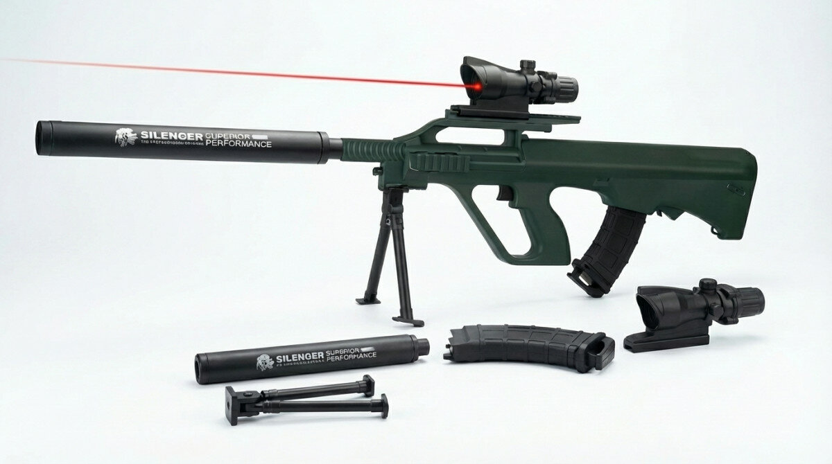 Игрушечный пневматический автомат, с глушителем и лазерным прицелом, с подставкой, зеленый камуфляж