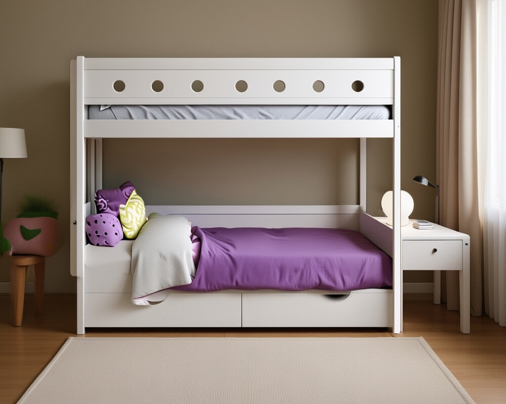 Кровать для двух детей "верба №1", 90x190 см, массив сосны, белая, ортопедическое дно, с ящиками