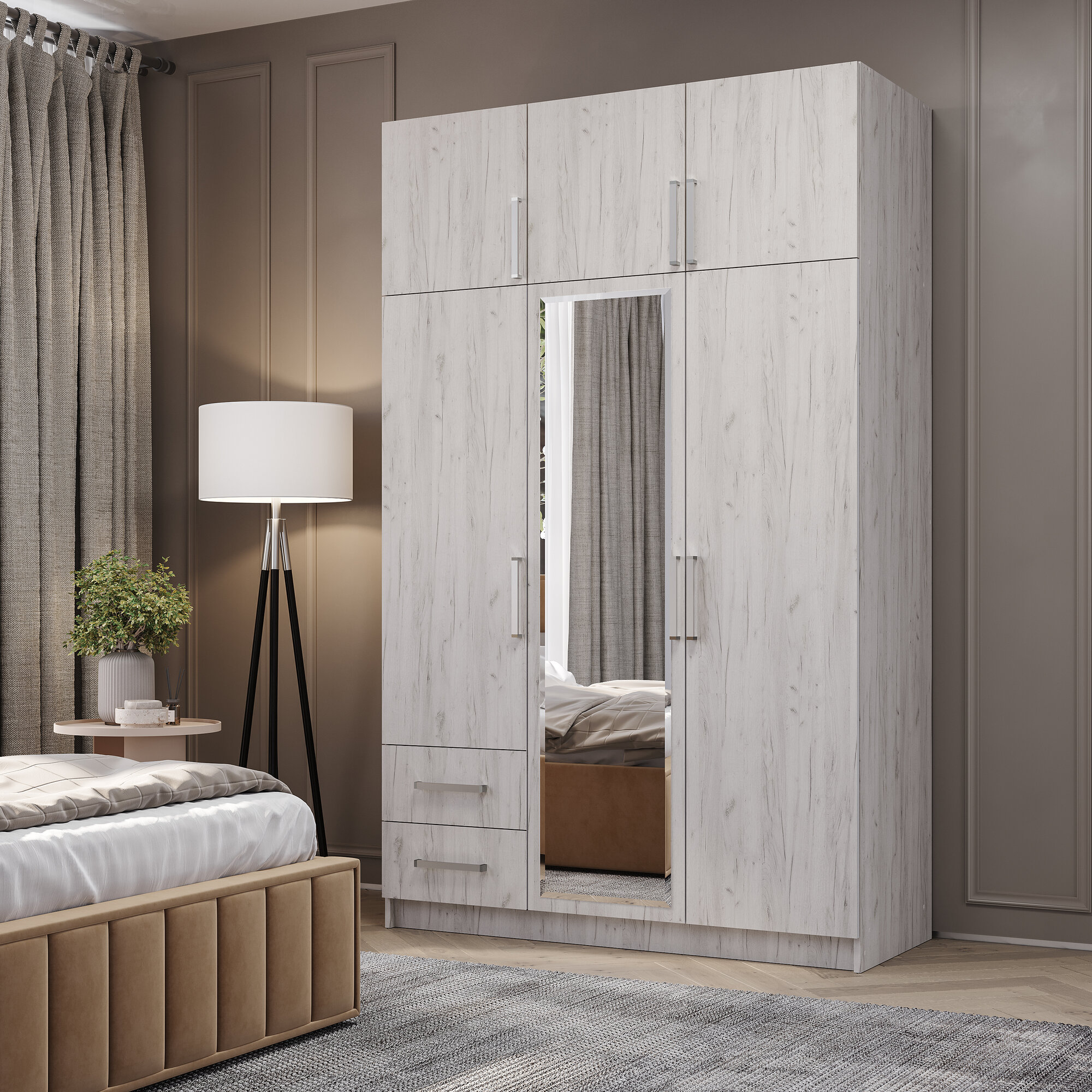 Трехстворчатый шкаф с ящиками для одежды ЛДСП Дуб крафт белый БТС