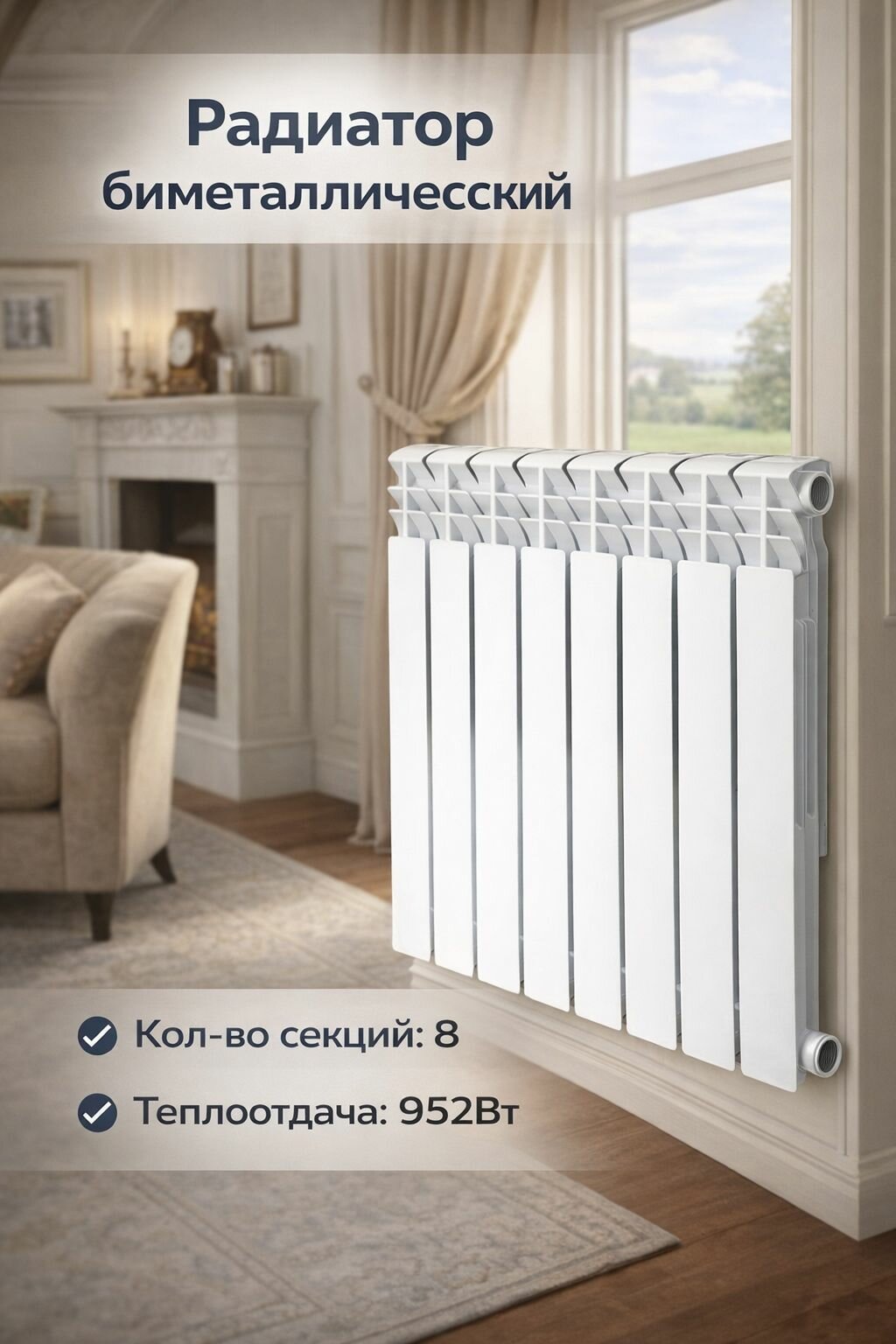Радиатор LONTEK RT10-500F2, биметалл, 8 секций, белый, настенный