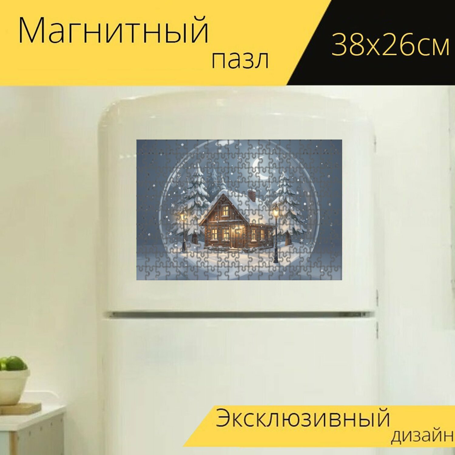 Магнитный пазл "Зимний дом в стеклянном шаре. Сказочная новогодняя сцена: уютный деревянный коттедж под снегом, светящиеся окна, фонари, еловый лес и месяц." для интерьера, 38х26 см.