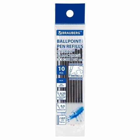 20 шт. Стержни шариковые масляные с ушками BRAUBERG "WRITING 3.0", 107 мм, комплект 10 ШТ, Синие, игольчатый узел 0,5 мм, 170415