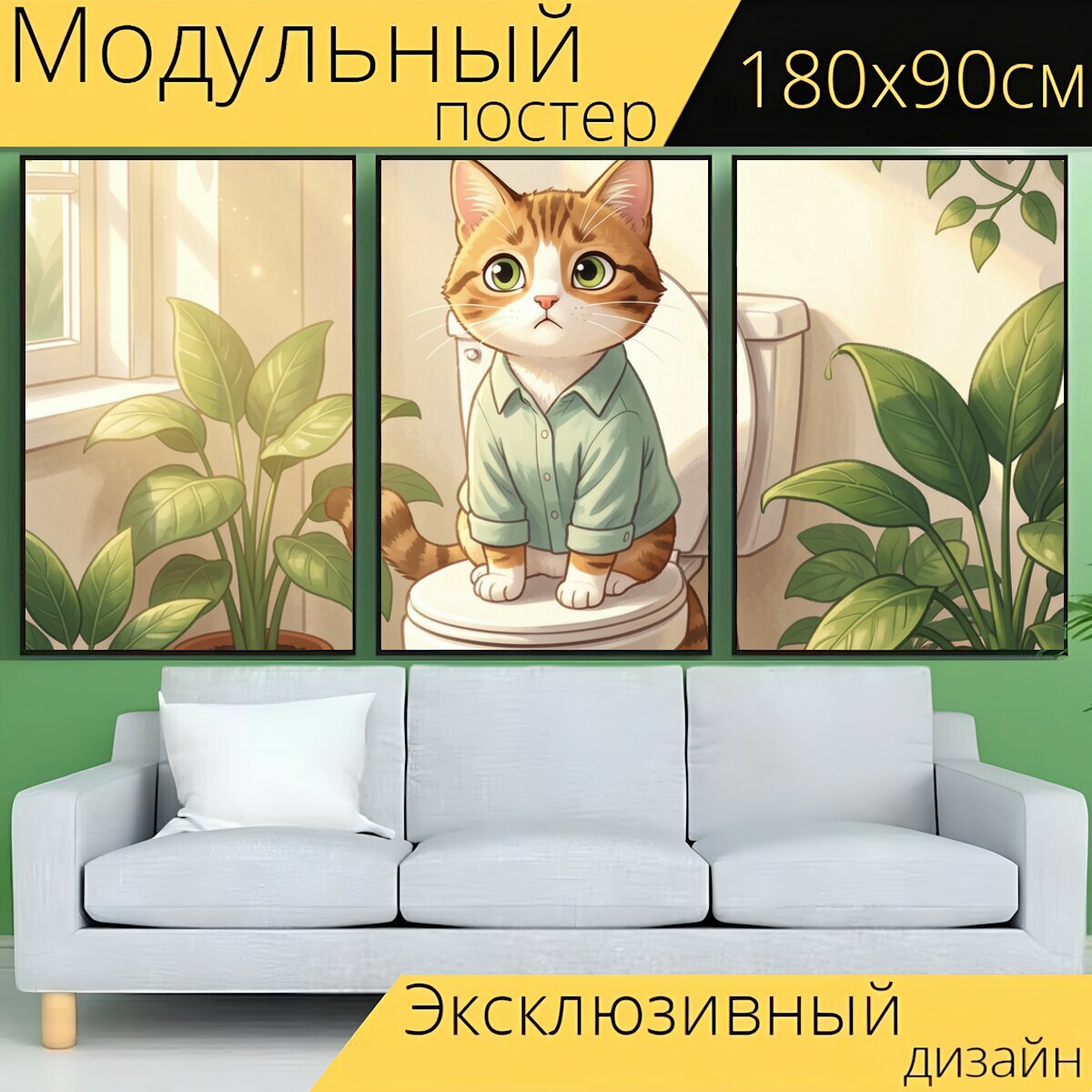 Модульный постер "Рыжий кот на унитазе. Забавный домашний питомец в рубашке сидит в ванной среди комнатных растений. Милая мультяшная." 180 x 90 см. для интерьера на стену в тубусе