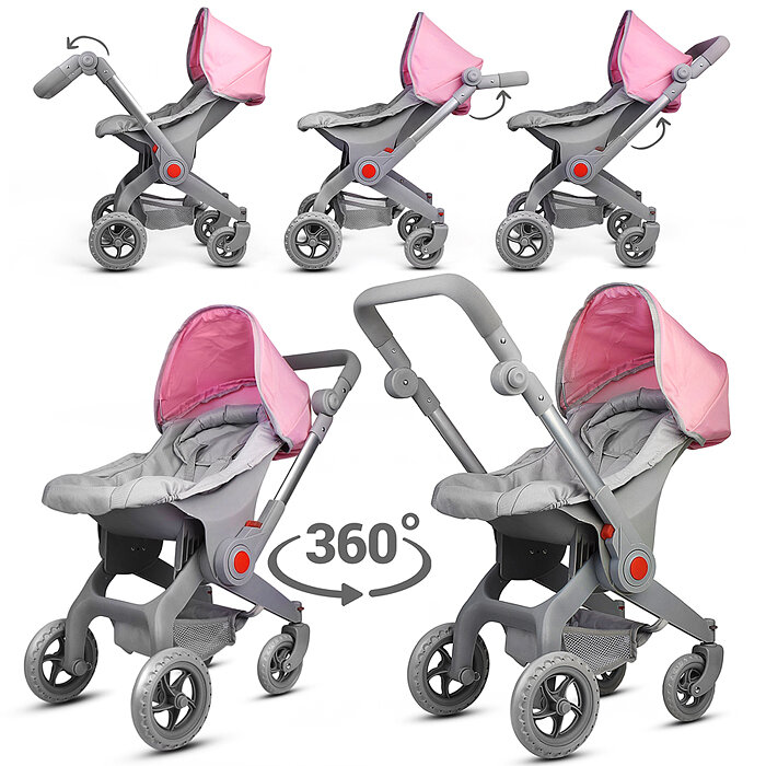 Коляская кукольная 9706 металлическая, с корзиной и козырьком, цвет серо-розовая