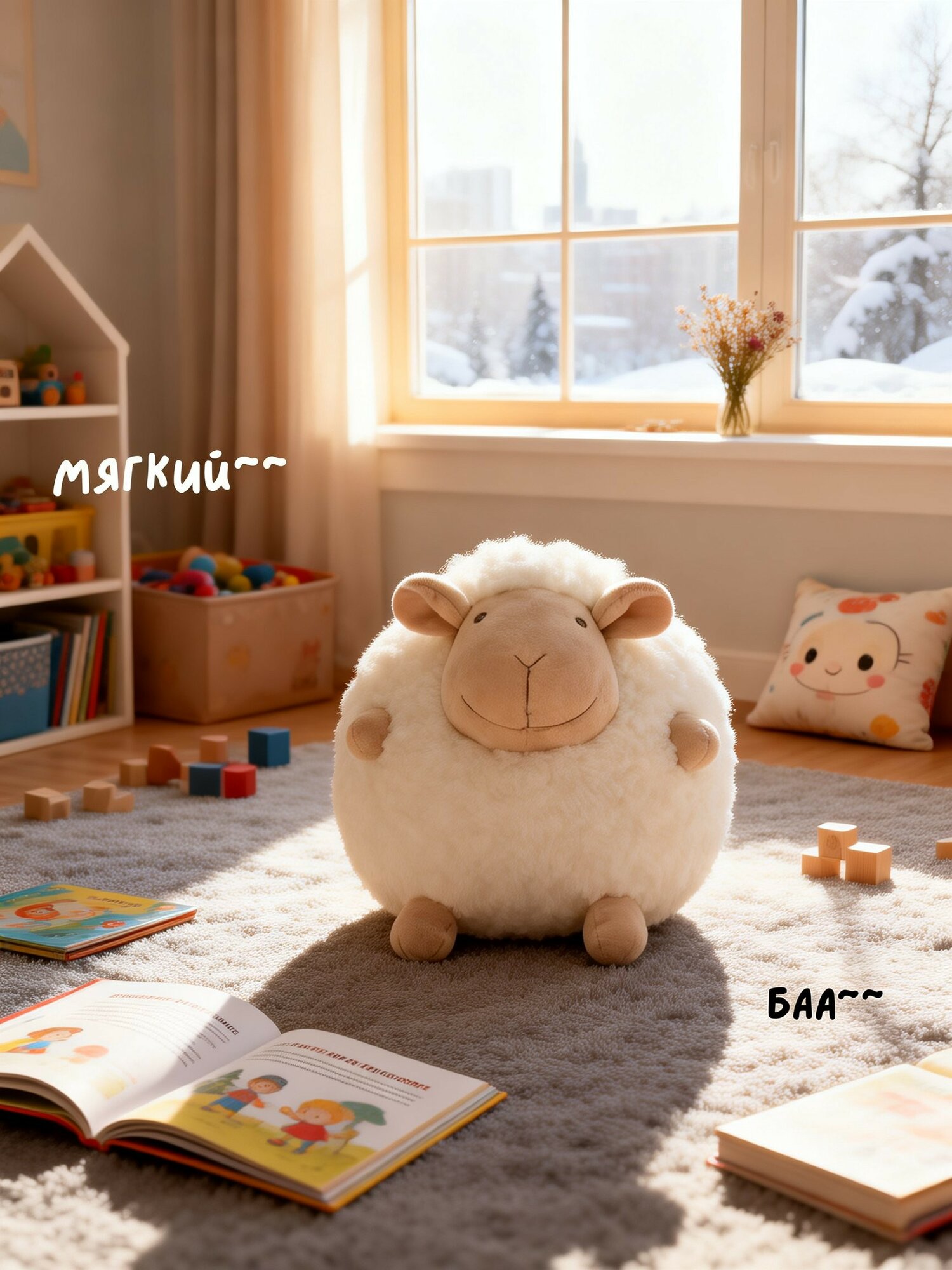 Мягкая игрушка-подушка Овечка Барашек, круглая 40x30 см для детей и взрослых, уютный подарок и декор для дома
