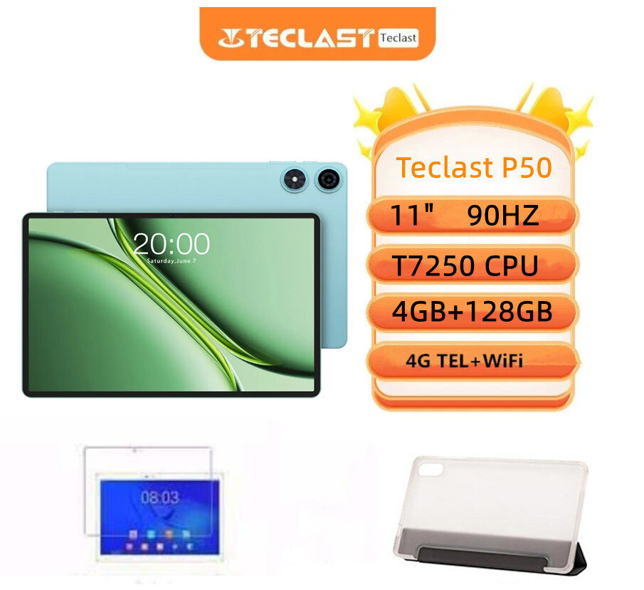 Teclast Планшет P50 Premium Set 2025, HD 90Гц, 4G(LTE), Клавиатура + Чехол, 11"4 ГБ/128 ГБ, лазурный