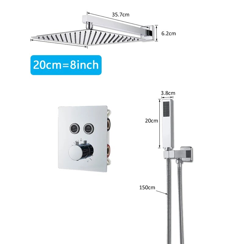 Гарнитур для душа с термостатическим смесителем, монтируемый на стену в ванной, дождевой душ, хром, скрытая система кранов, поворотный кран для ванны, комбинированный смесительный кран — 2 пути, 8 дюймов