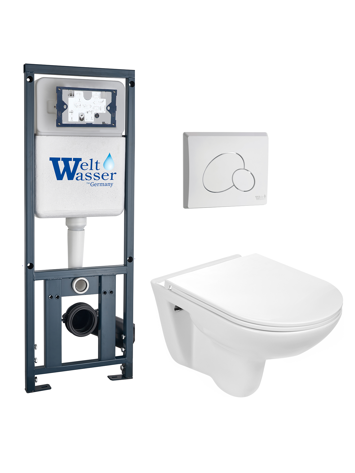 Комплект 3 в 1 Унитаз приставной WeltWasser BAARBACH 004 GL-WT безободковый+Инсталляция MARBERG 410 с кнопкой MAR 410 RD GL-WT белая глянцевая