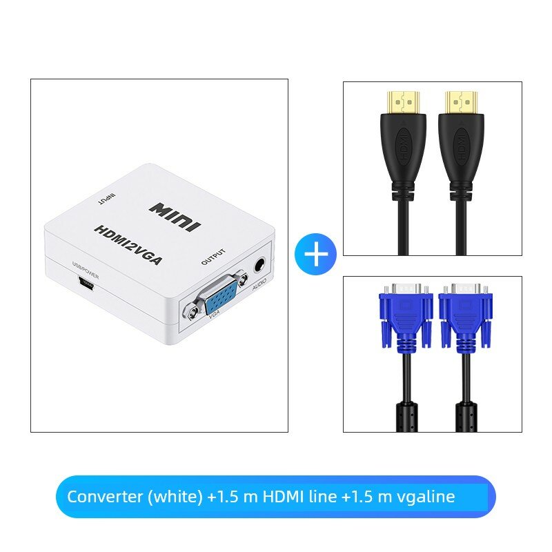 Преобразователь HDMI в VGA с кабелем 1,5 м HDMI и 1,5 м VGA Белый цвет для подключения монитора ПК и проектора