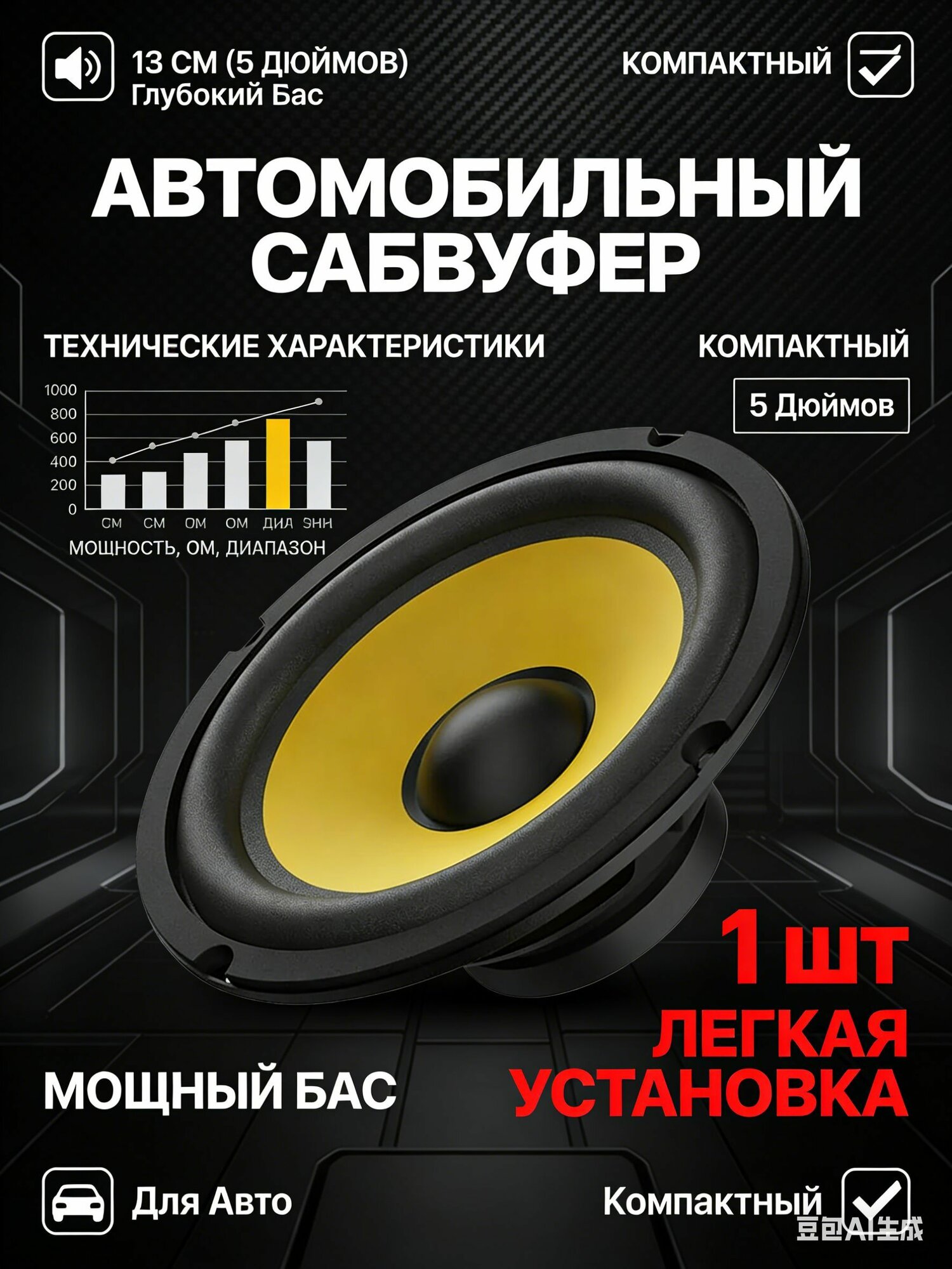 Сабвуфер автомобильный 13 см (5") — мощный бас, ультратонкий для установки под сиденье и в багажник, с охлаждением