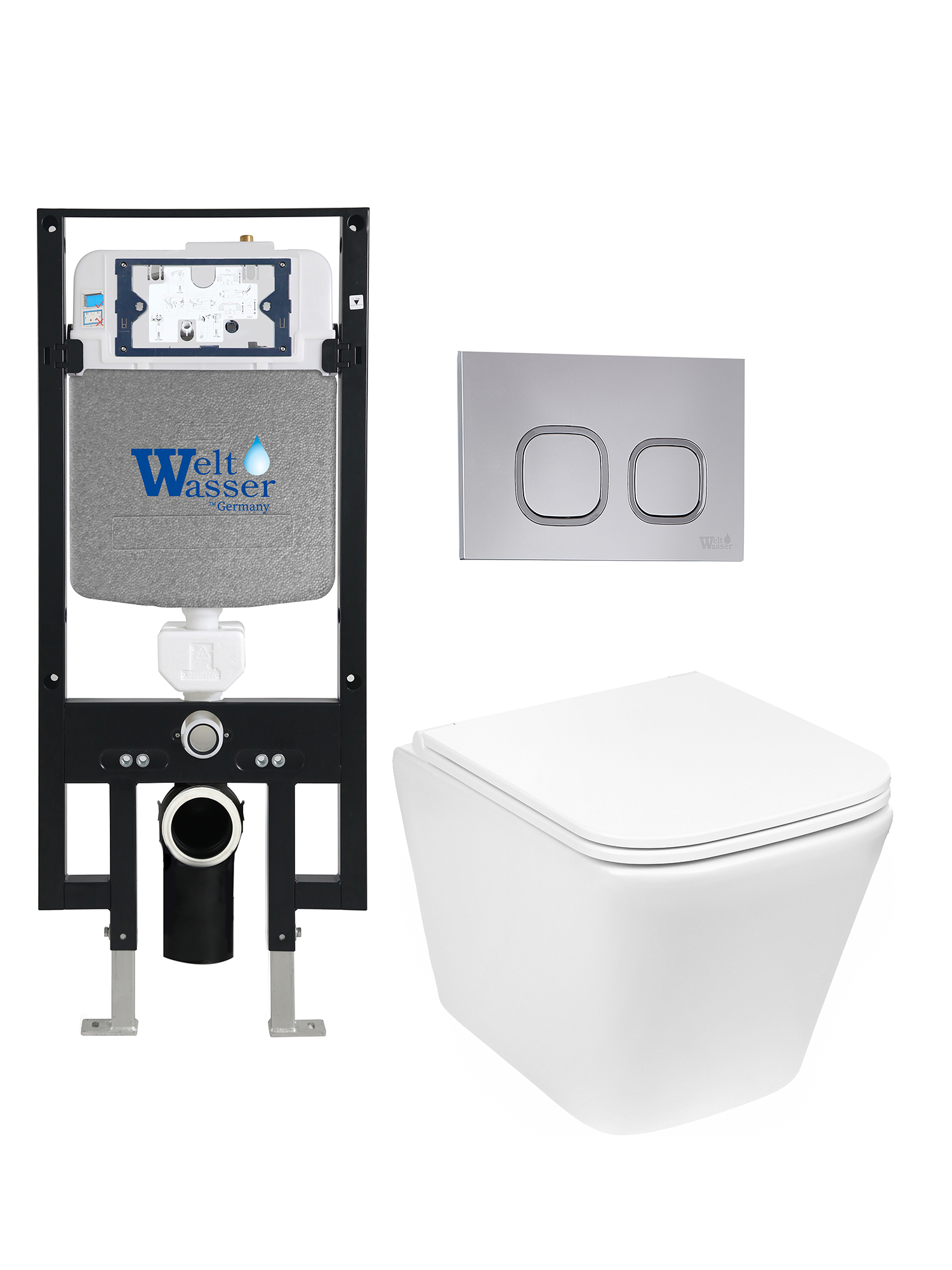 Комплект 3 в 1 Унитаз подвесной WeltWasser GELBACH 043 GL-WT безободковый+Инсталляция AMBERG 497 с кнопкой AMBERG RD-CR хром глянцевый