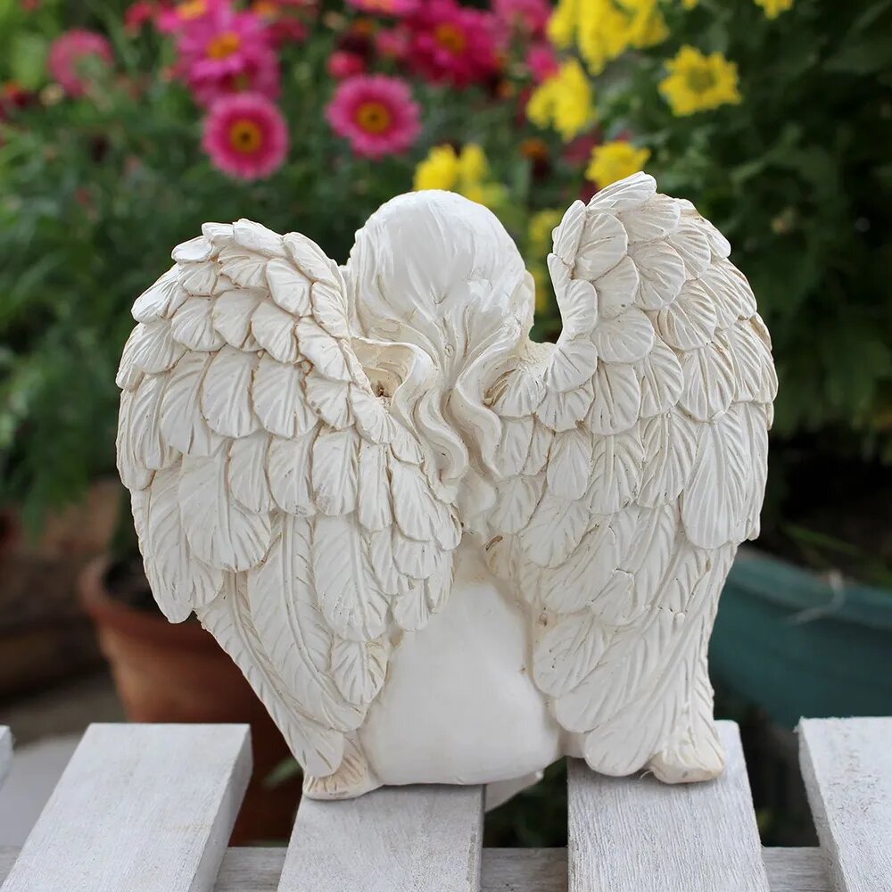 Садовая фигурка Ангел с птичкой из смолы, белого цвета, 20.5*16.5*12CM для сада — фото 1
